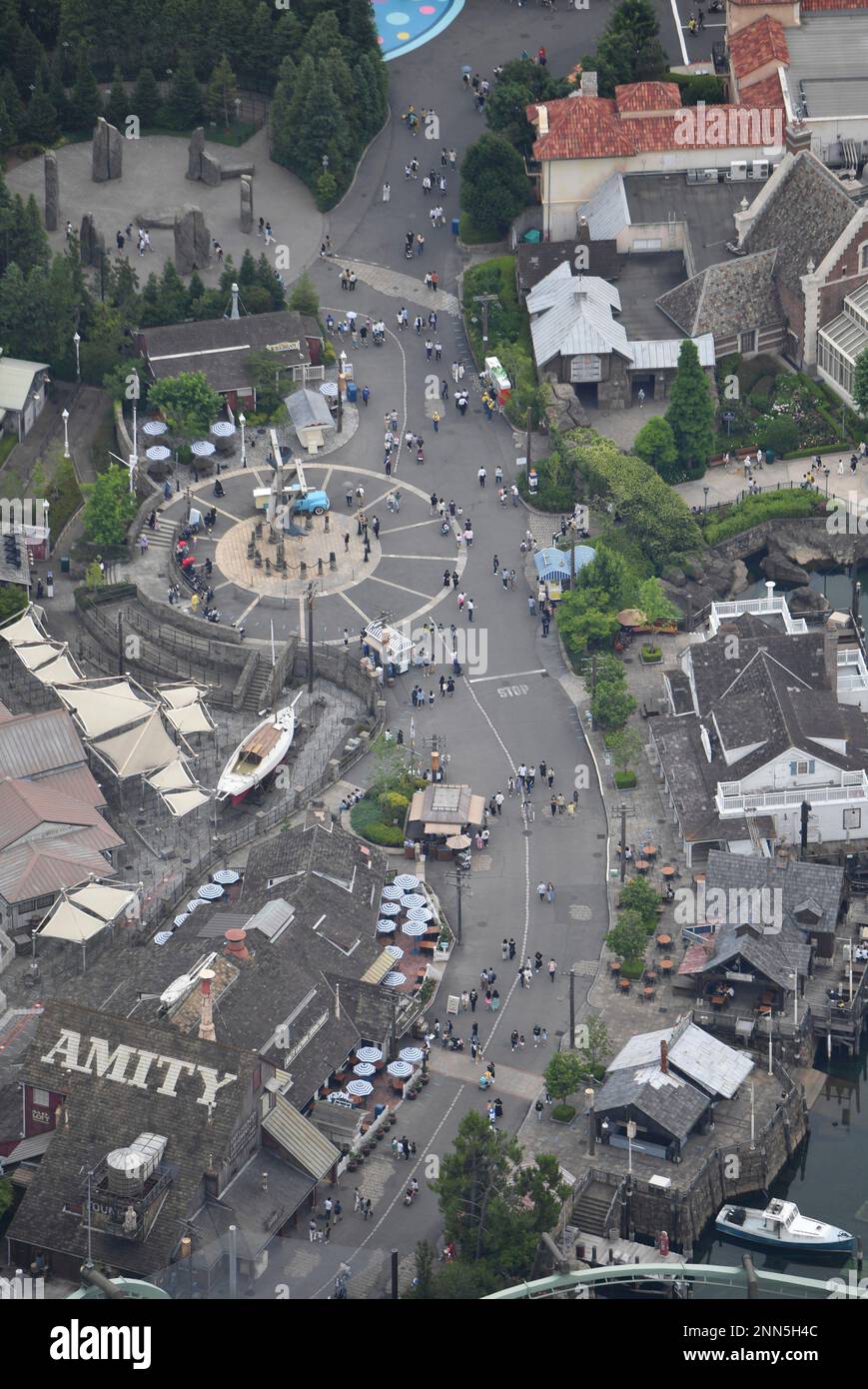 An aerial photo shows Universal Studios Japan (USJ) in Osaka City ...