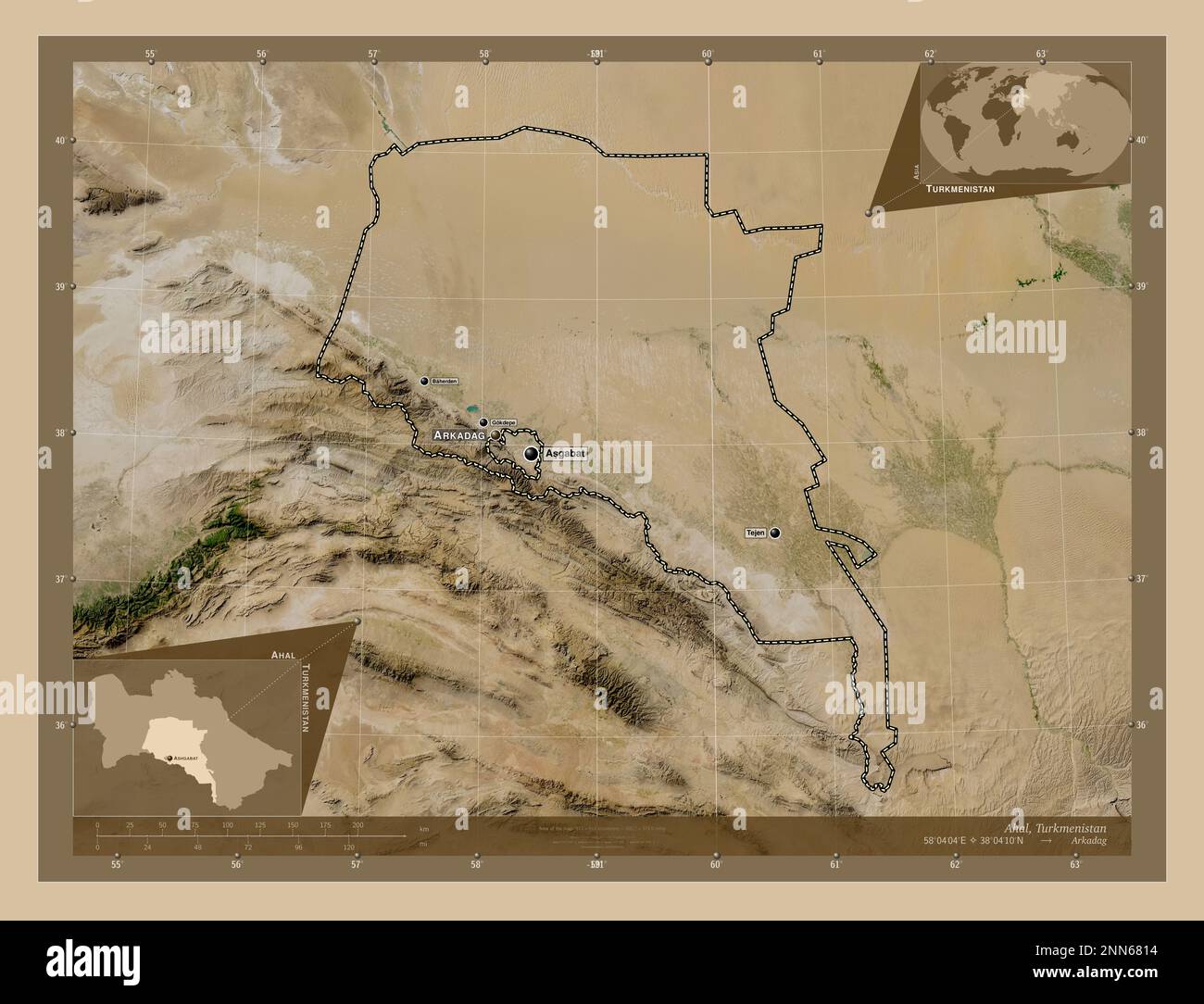 Ahal, province du Turkménistan. Carte satellite basse résolution. Lieux ...