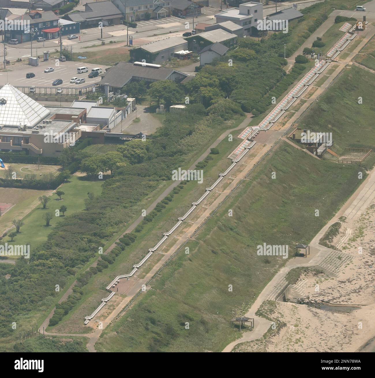 An aerial photo shows the 460.9-meter-long bench at Masuhogaura Beach ...