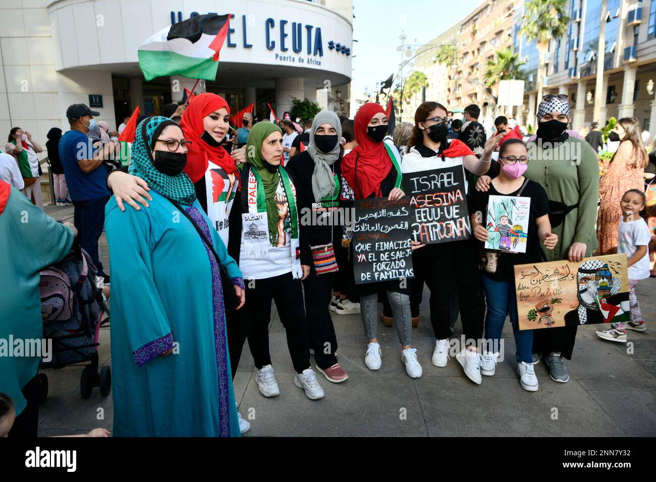 Several Palestinians with Palestinian flags, during a rally in support ...