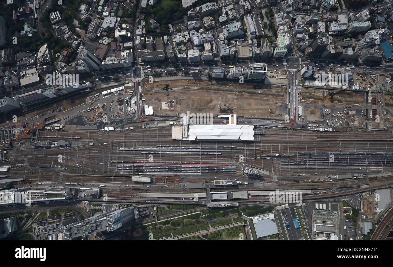 An aerial photo shows Takanawa Chikutei, the remains of Japan's first ...