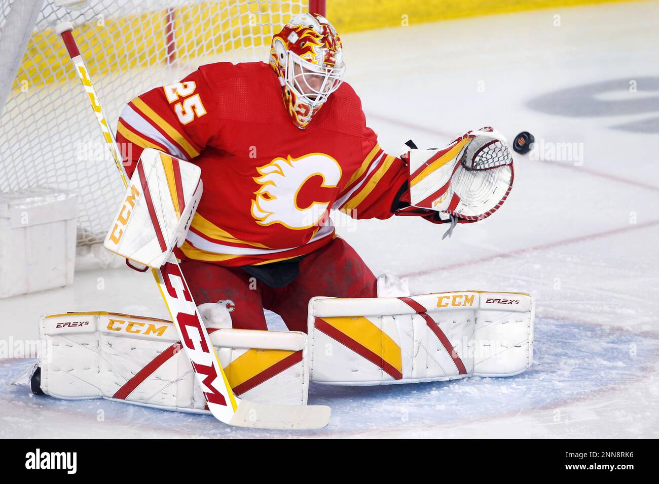 NHL profile photo on Calgary Flames goalie Jacob Markstrom, from Sweden, at a game against the ...