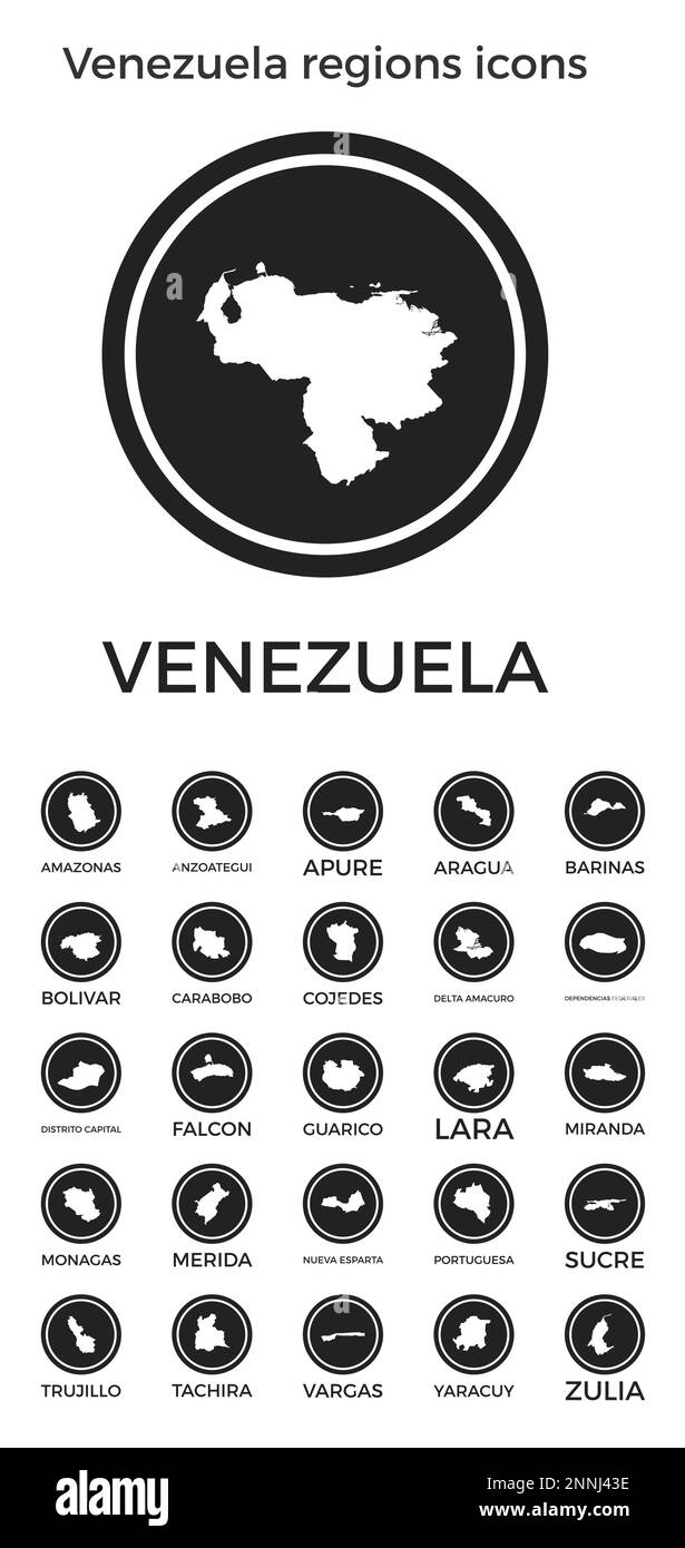Icônes des régions du Venezuela. Logos ronds noirs avec cartes et ...