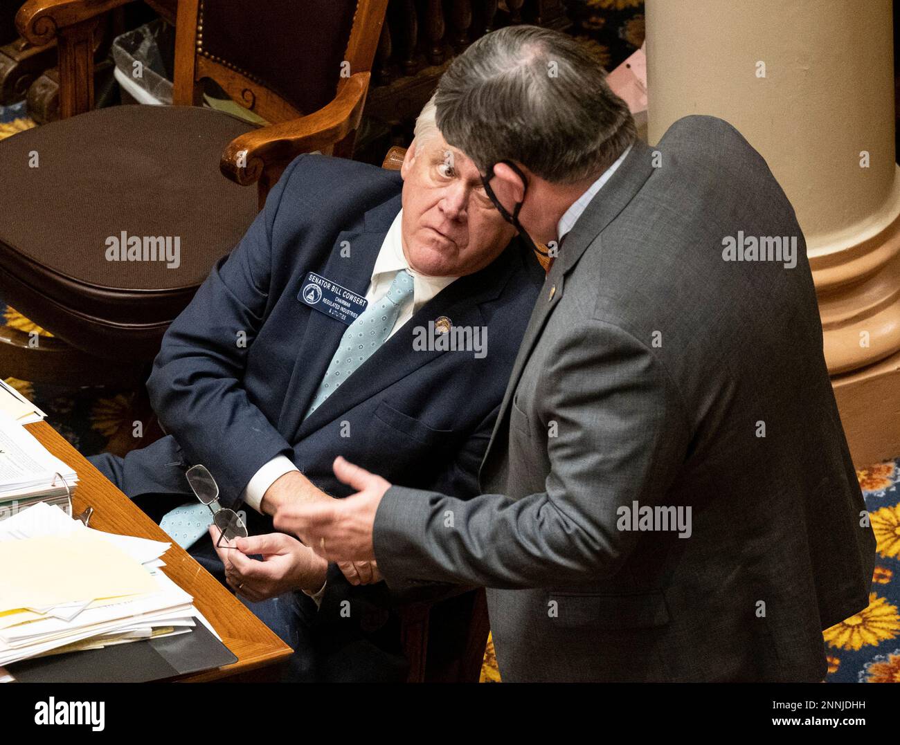 Sen. Bill Cowsert (R-Athens) speaks with Sen. Larry Walker, III, (R ...