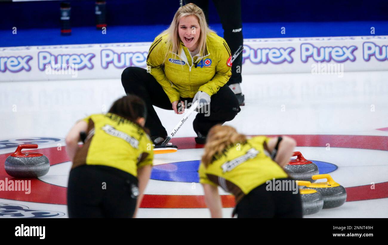 Team Manitoba skip Jennifer Jones, center, directs her team against ...