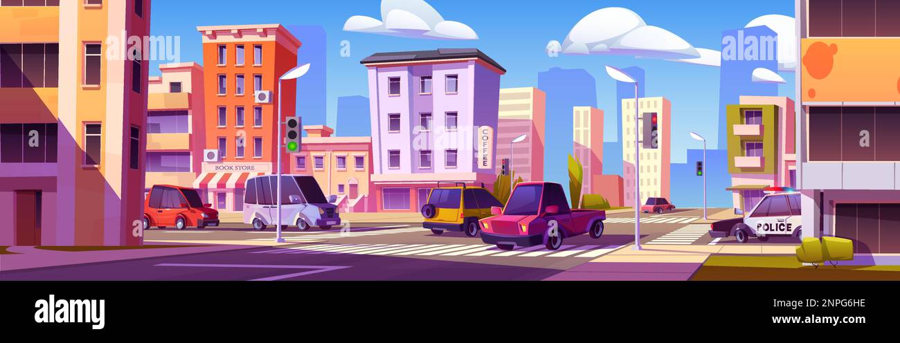 Intersection de rue de ville de dessin animé avec de nombreuses ...