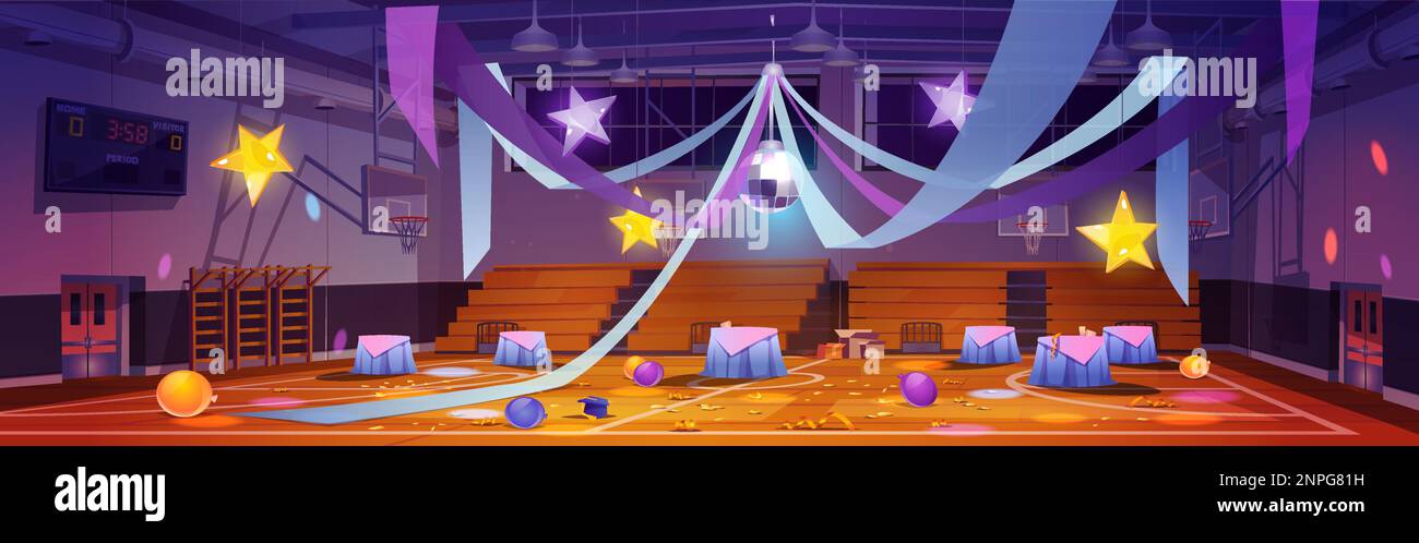 Mess dans la salle de gym de l'école vide après la fête de danse ...