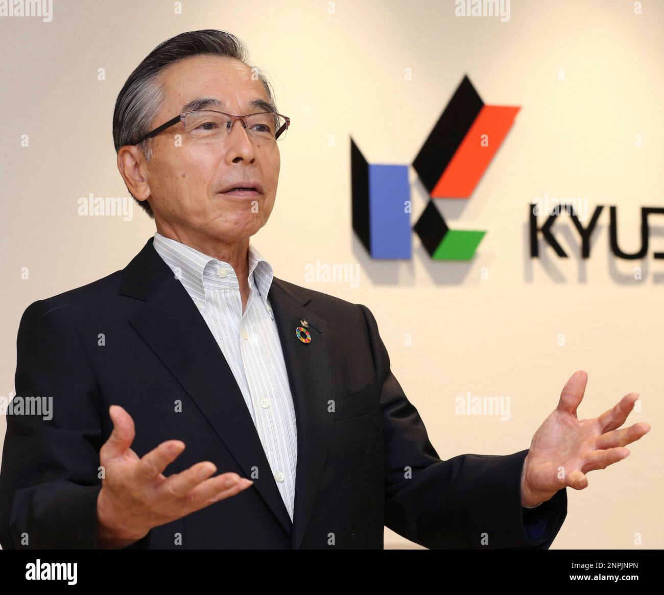 Kyudenko Corporation Chairman Naofumi Sato speaks during an interview ...