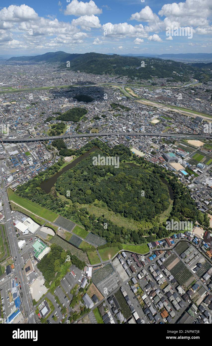 An aerial photo shows Kondagobyoyama Kofun (Nintoku Tenno Ryo) that is ...