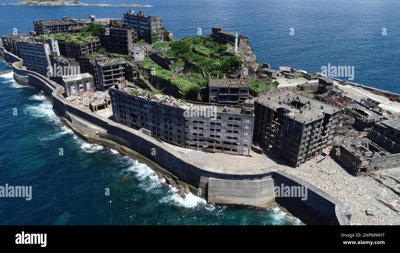 A drone photo shows Hashima Island (Gunkanjima / Battleship Island) in ...