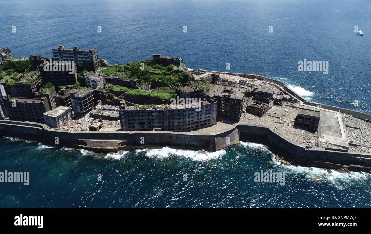 A drone photo shows Hashima Island (Gunkanjima / Battleship Island) in ...
