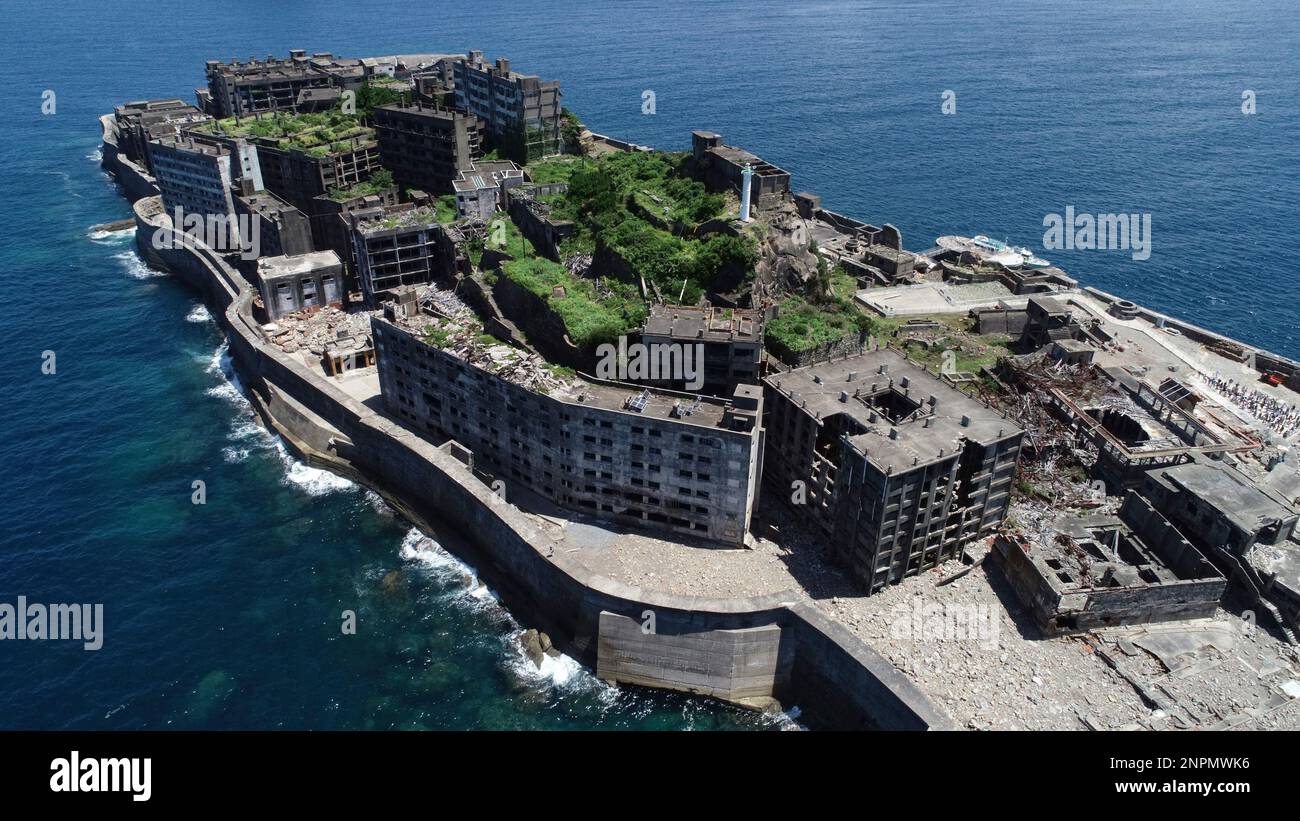 A drone photo shows Hashima Island (Gunkanjima / Battleship Island) in ...