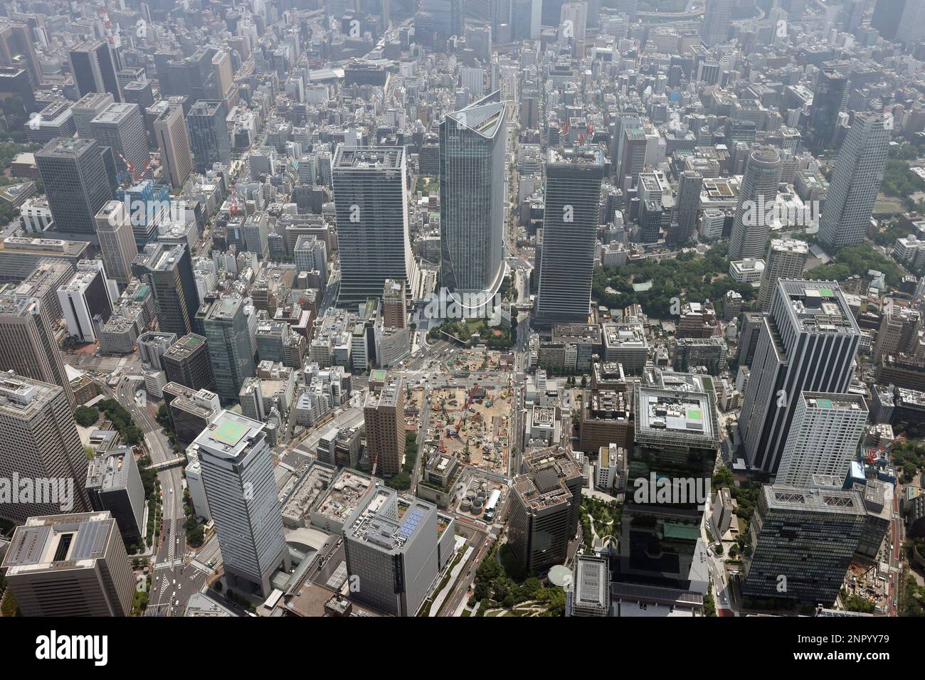 An aerial photo shows Toranomonand Azabudai district in Tokyo on June 5 ...