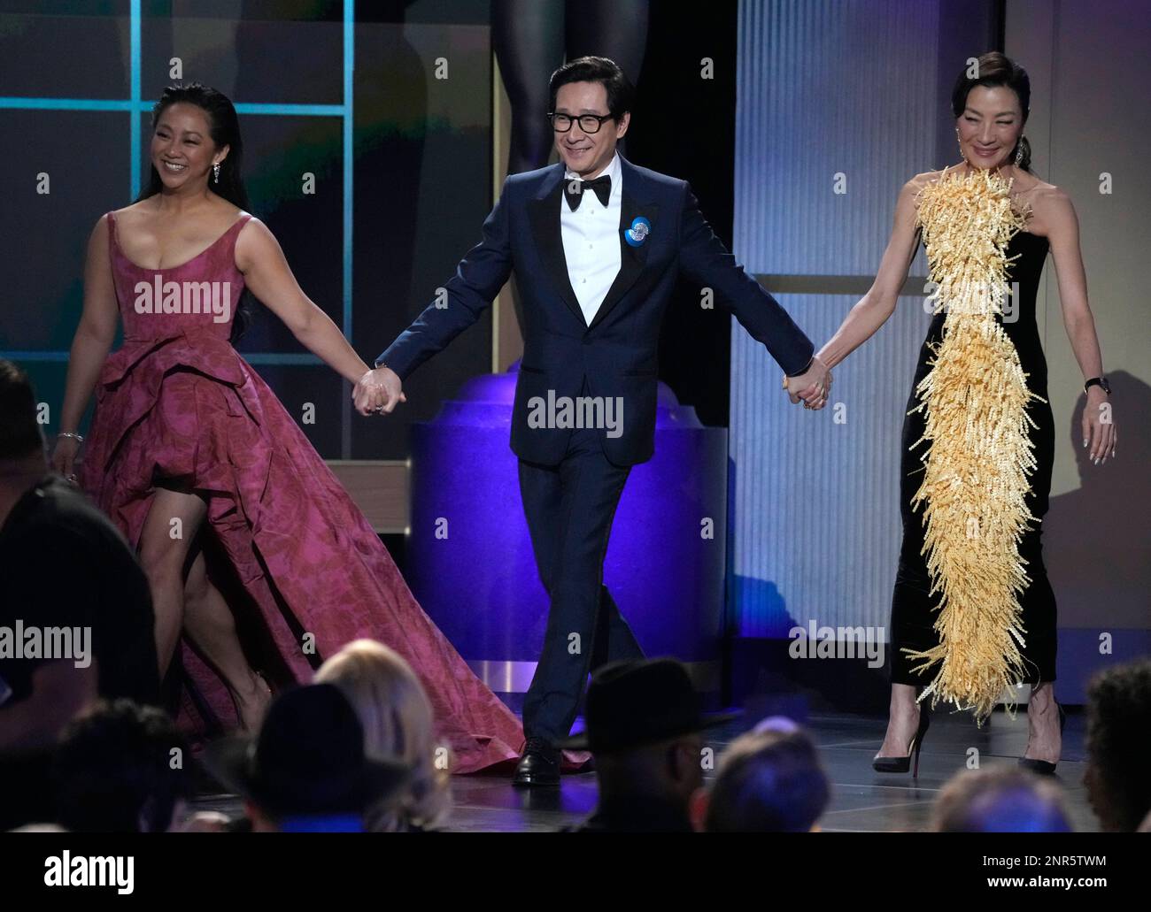 Stephanie Hsu, from left, Ke Huy Quan, and Michelle Yeo, members of the cast of "Everything ...