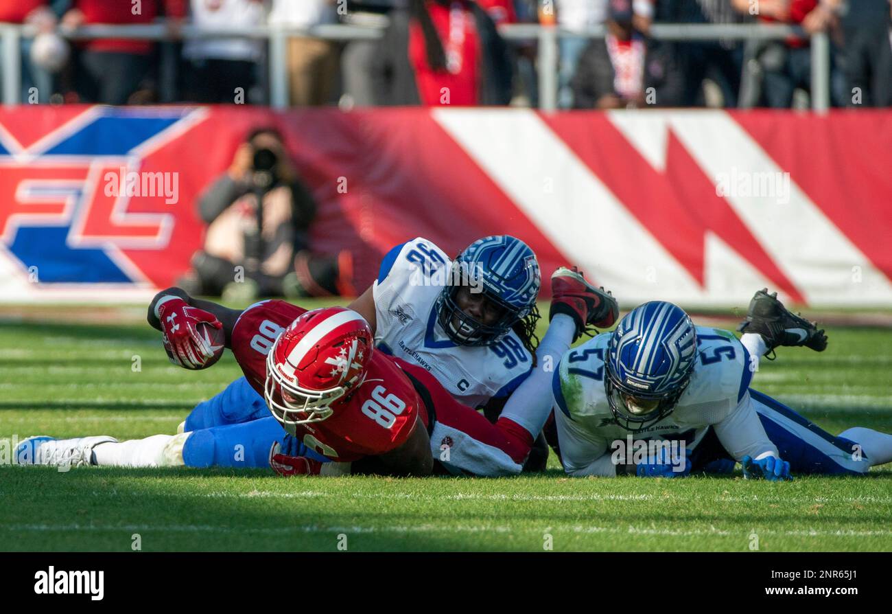 WASHINGTON, DC - MARCH 08: DC Defenders Khari Lee (86) brought down by ...