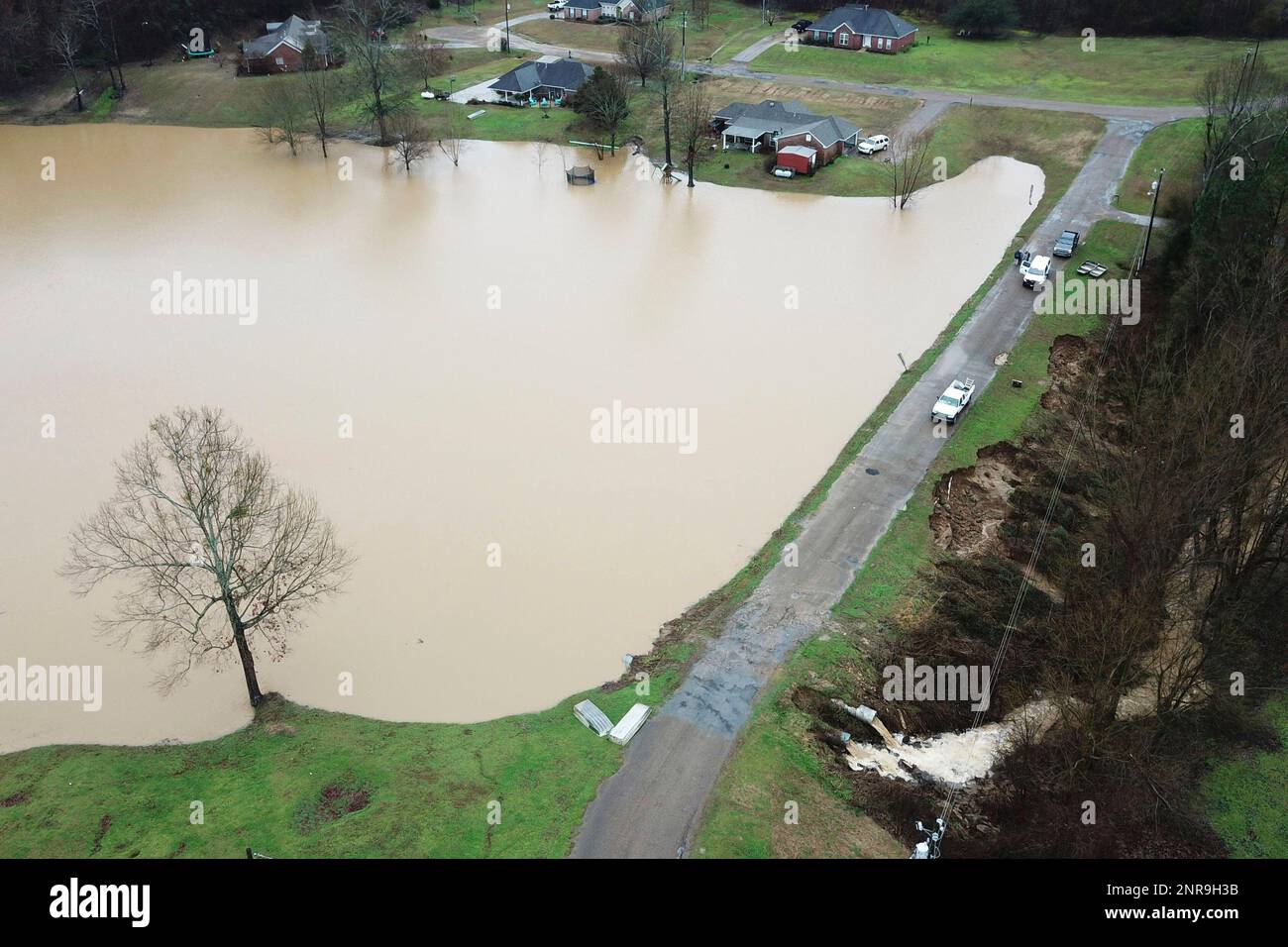 This aerial drone photo provided by the Mississippi Emergency ...