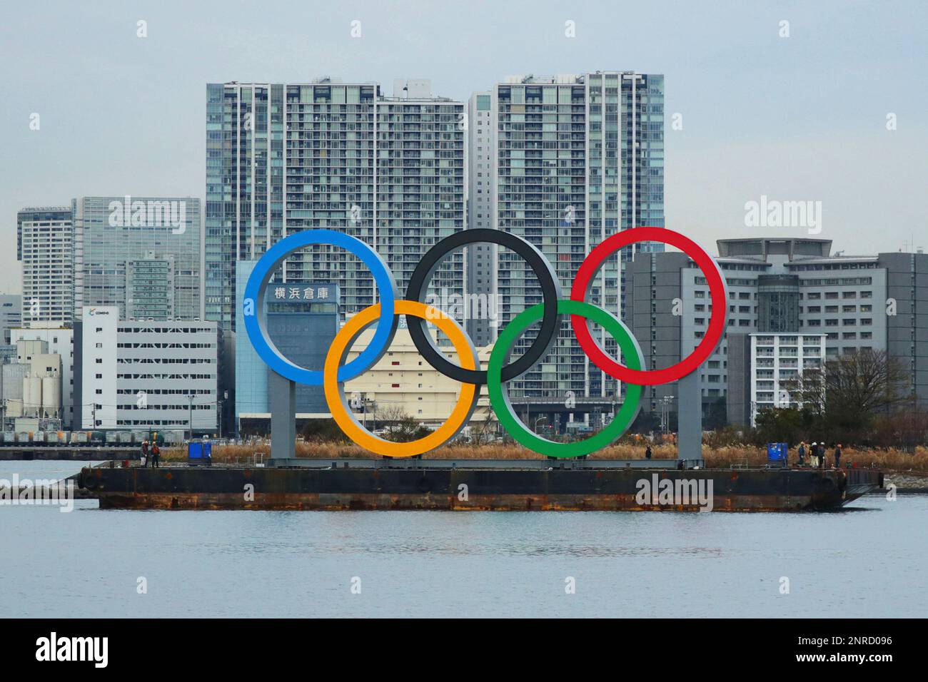 A monument of five-ring emblem is set up on the water to enhance ...