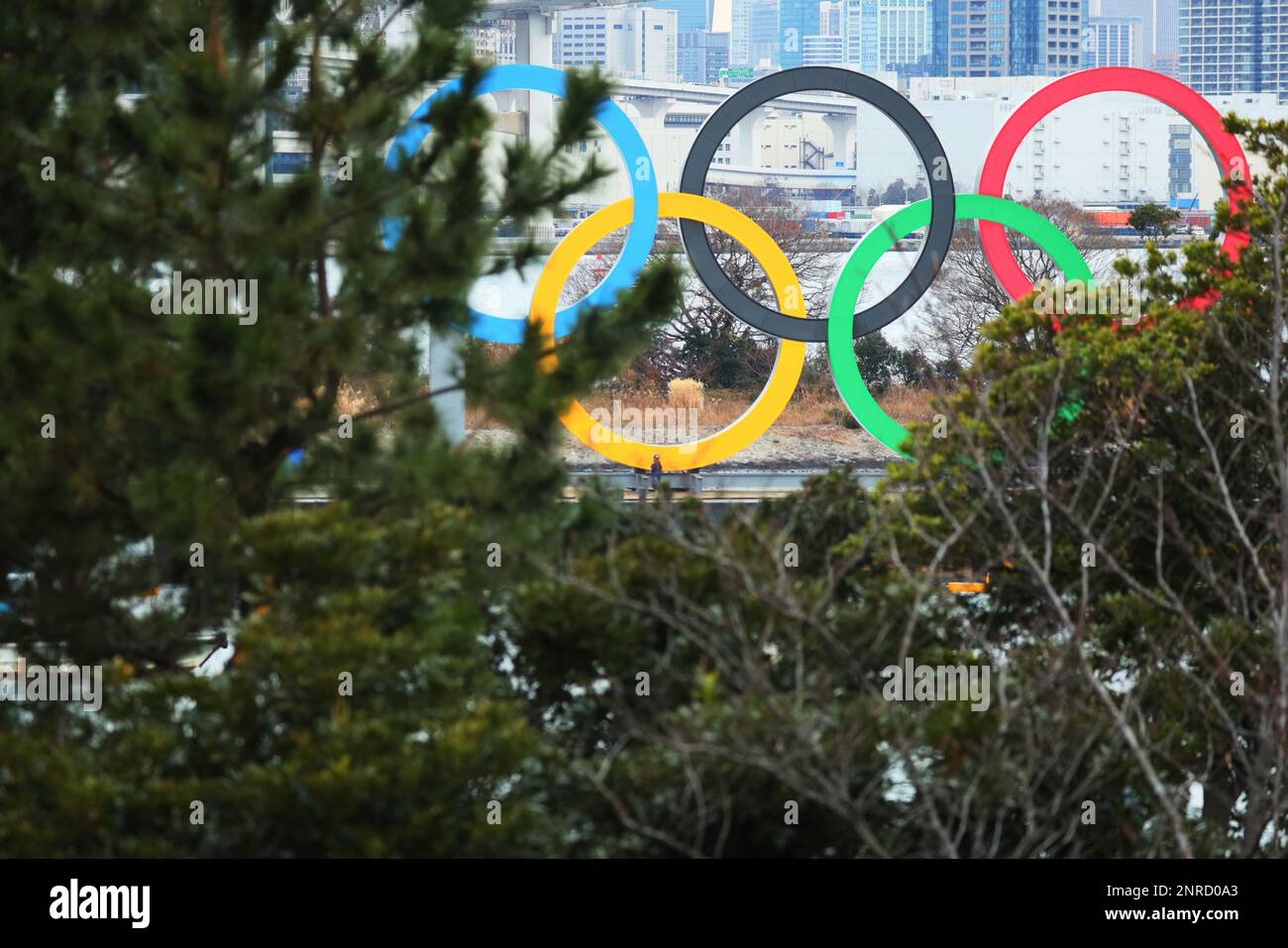 A monument of five-ring emblem is set up on the water to enhance ...