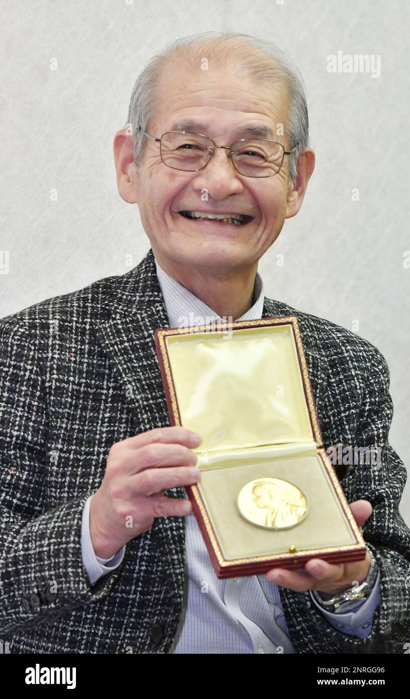 Japanese scientist Akira Yoshino, 71, speaks to media after arriving at ...