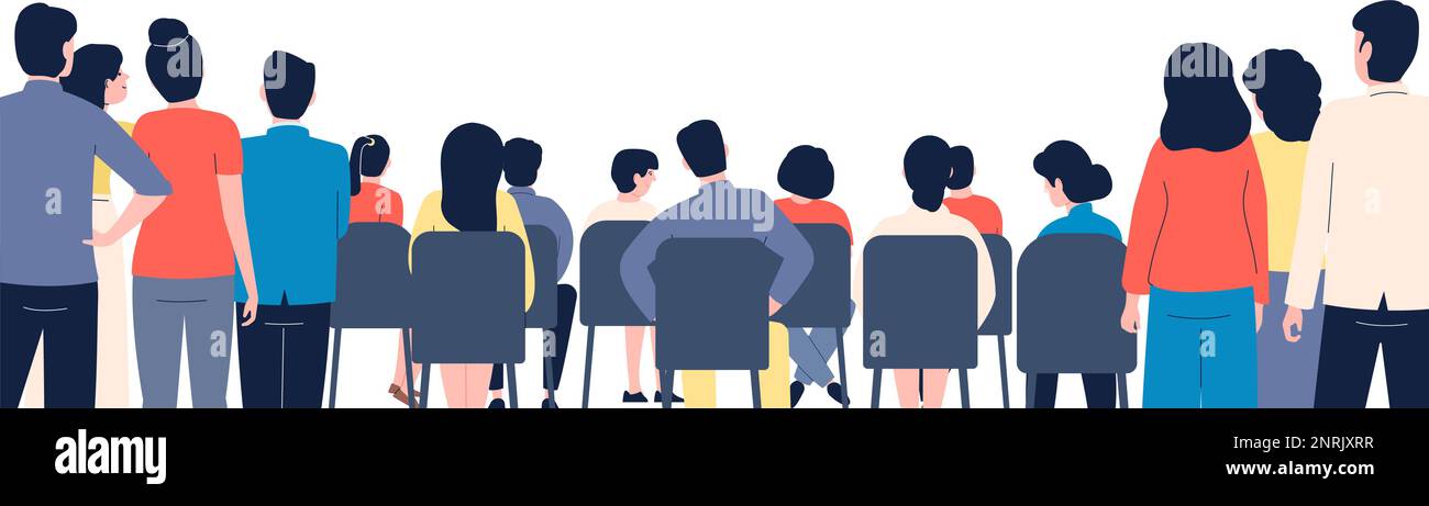 Groupe de personnes assis et debout. Femmes hommes auditorium, au ...