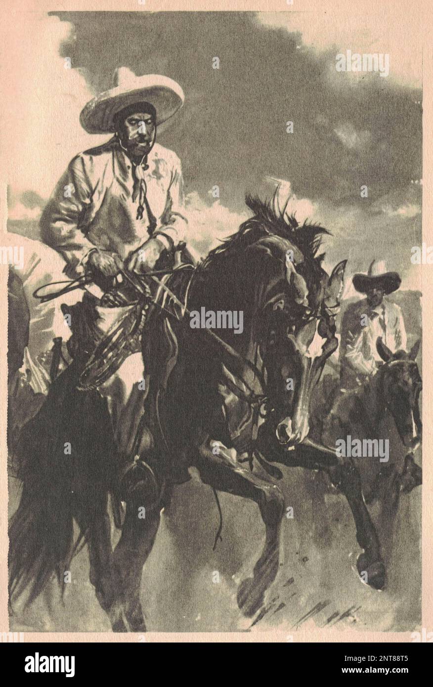 L'illustration en noir et blanc montre les Mexicains à cheval. Le dessin montre le Far West. Une ...