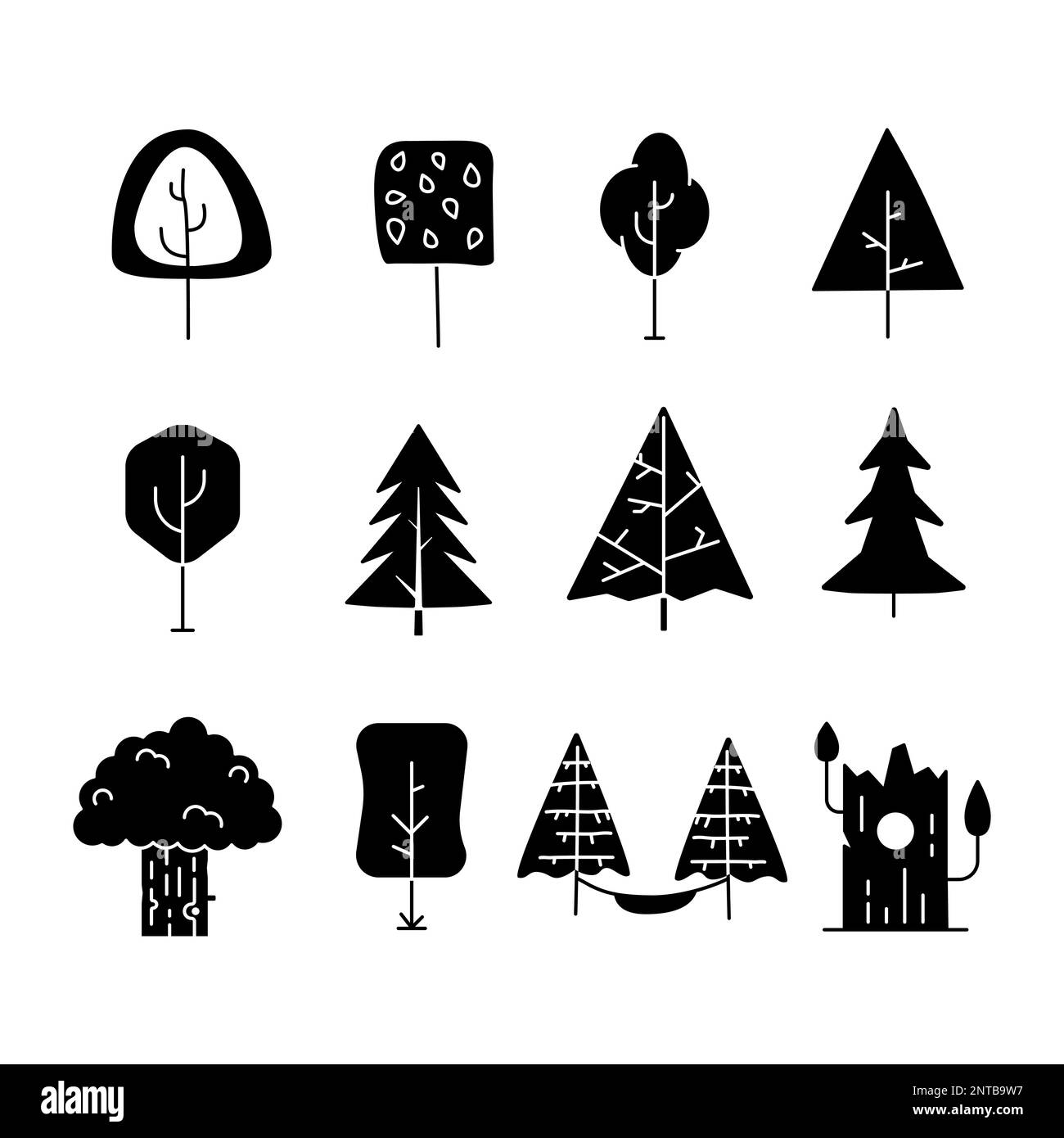 Collection d'icônes d'arbre de silhouette simple. Arbres de dessin au ...