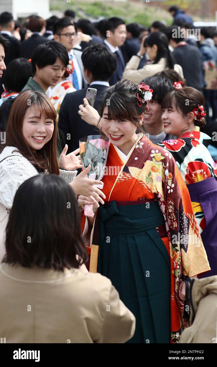 Female graduate students of Kyushu University, wearing a montsuki and ...