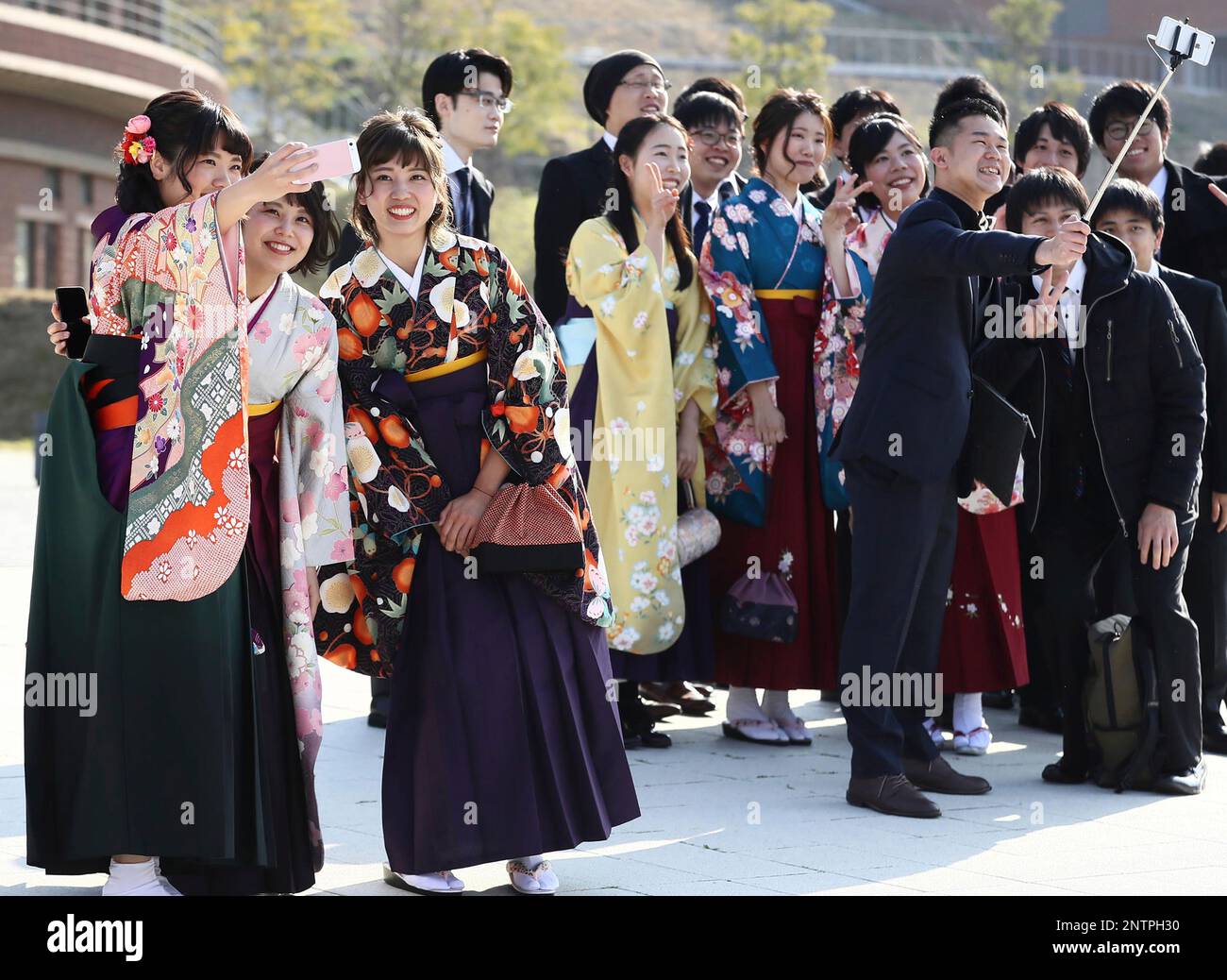 Female graduate students of Kyushu University, wearing a montsuki and ...