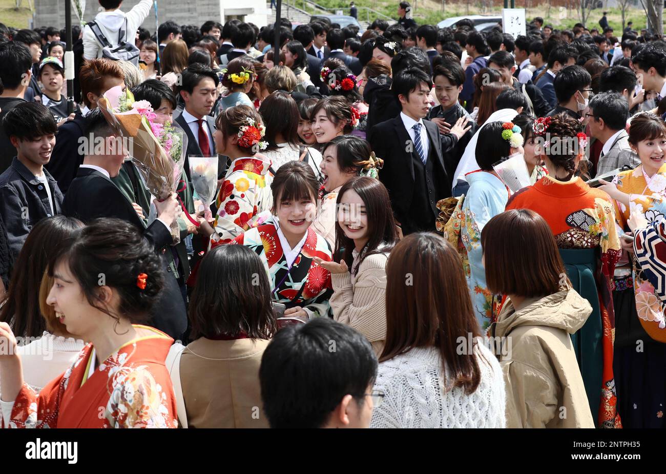 Female graduate students of Kyushu University, wearing a montsuki and ...