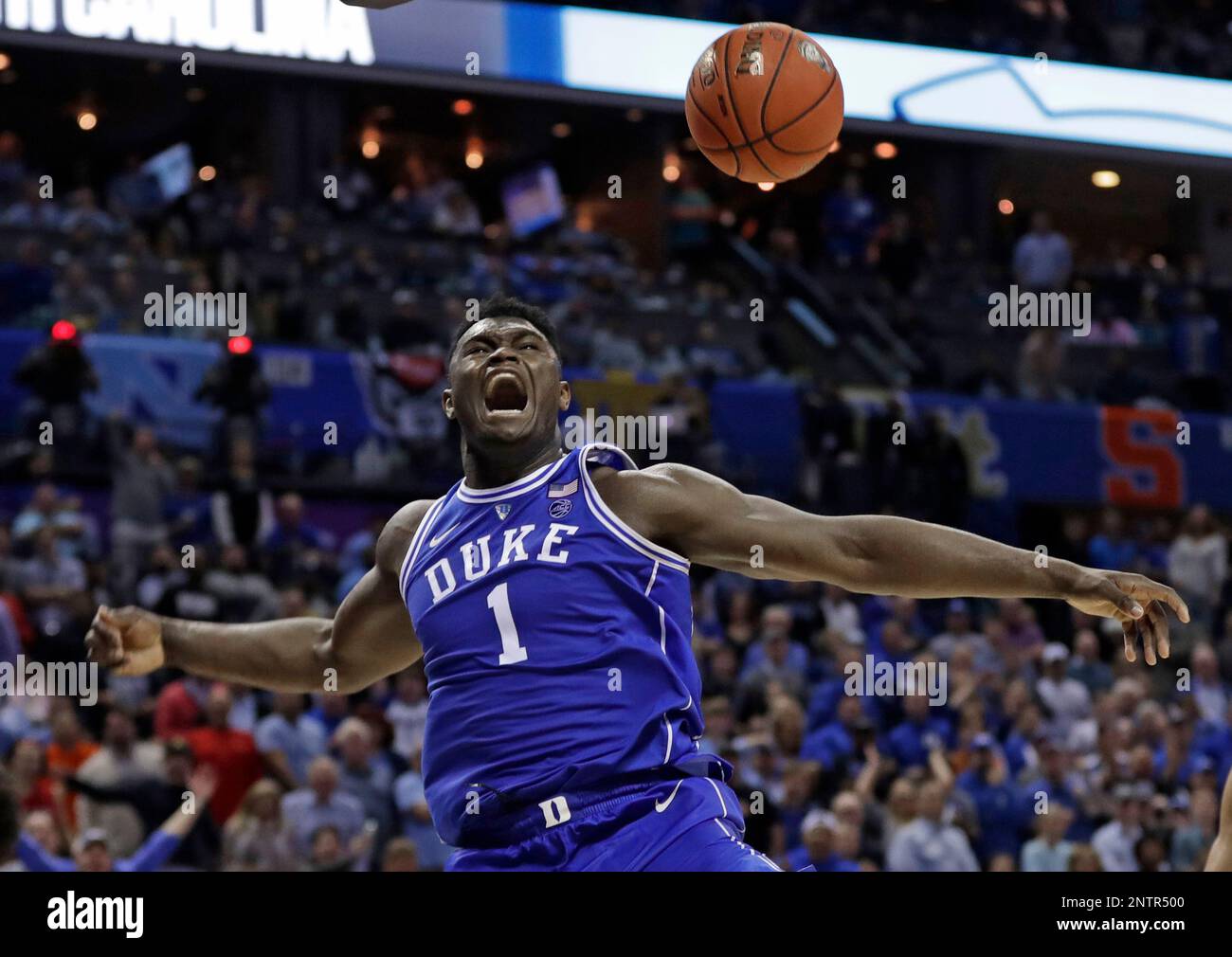 Duke's Zion Williamson (1) reacts after a dunk against North Carolina ...