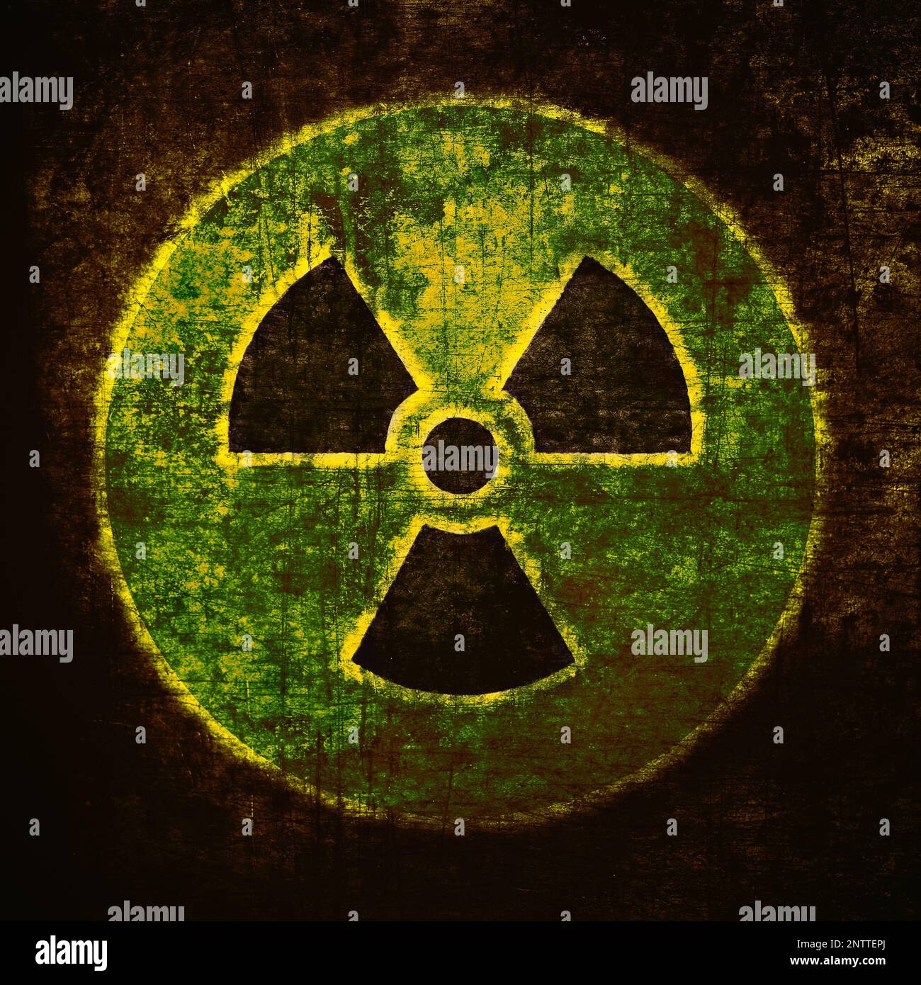 Signe de rayonnement. Symbole de danger nucléaire, texturé à la grunge ...
