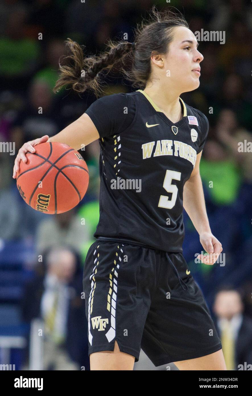 January 13, 2019: Wake Forest guard Gina Conti (5) dribbles the ball up ...