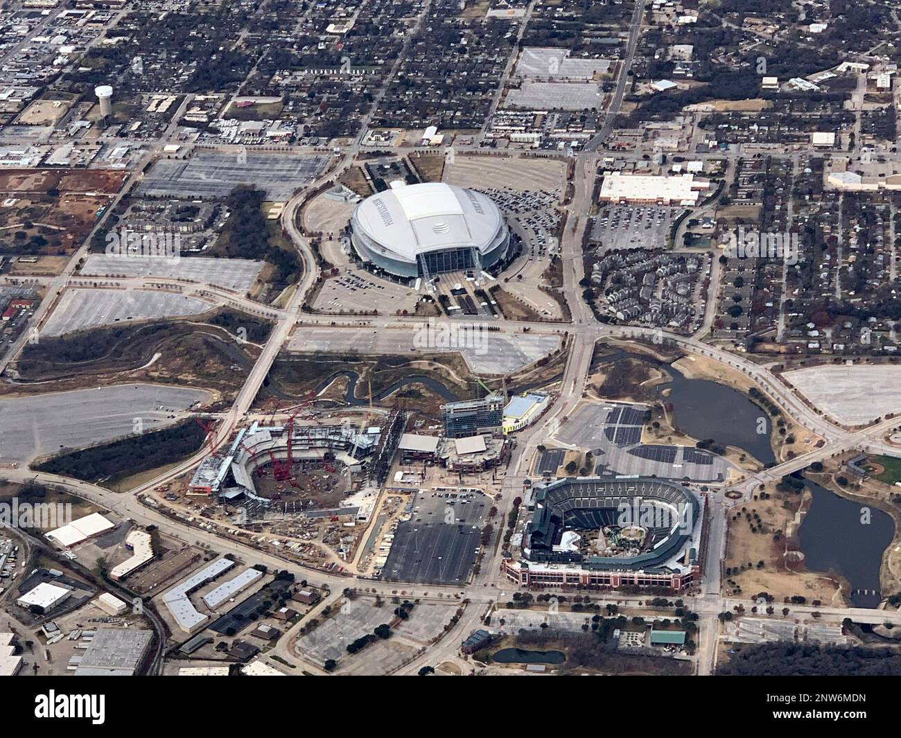 General overall aerial view of AT&T Stadium (top) and Globe Life Park ...