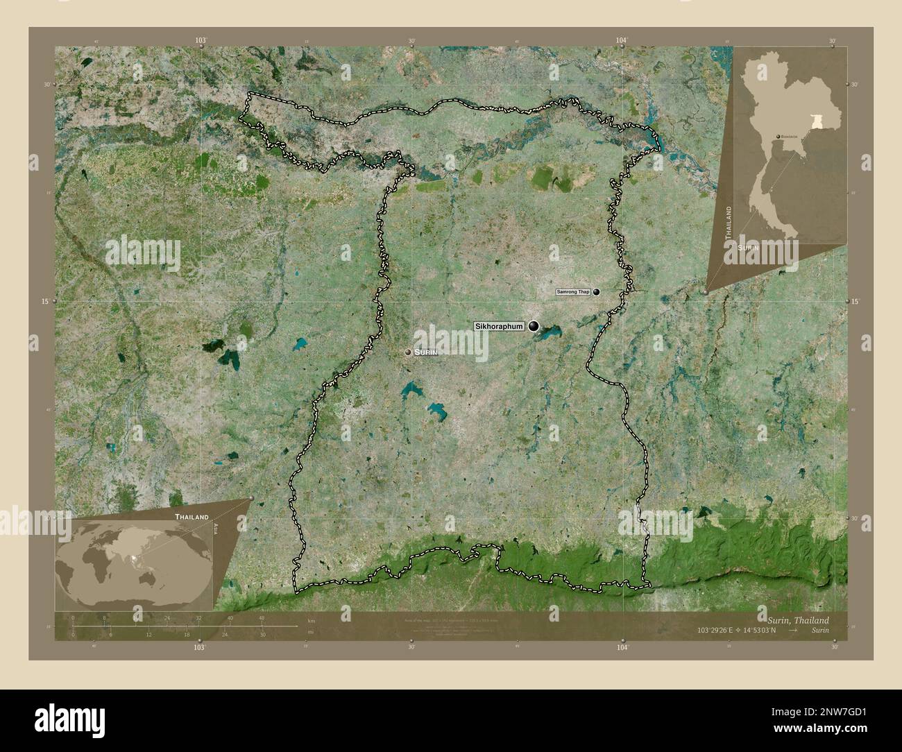 Surin, province de Thaïlande. Carte satellite haute résolution. Lieux ...
