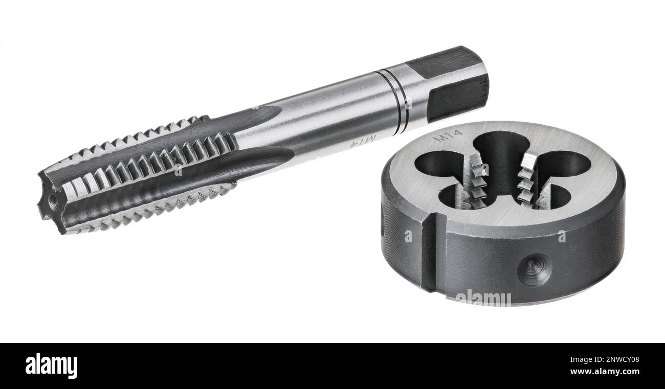 Taraud à main conique et matrice de coupe de filetage isolée sur fond blanc. Gros plan de deux ...