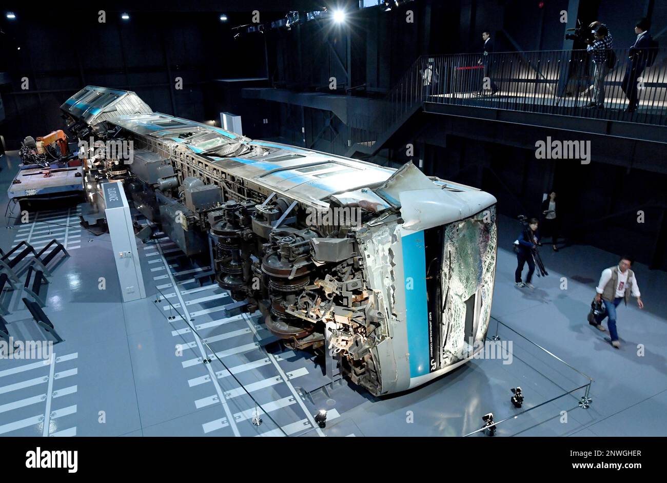 Damaged Keihin Tohoku Line is placed at a facility to display trains ...