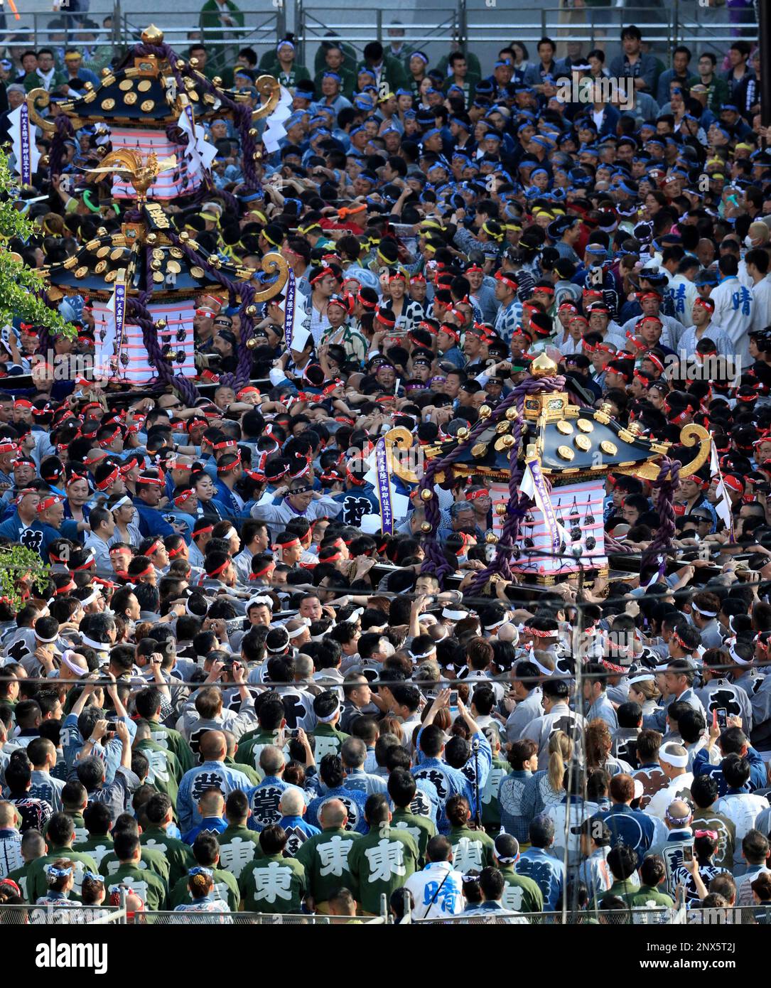 Ujiko, local members of shrines, carry mikoshi, portable shrine, that ...