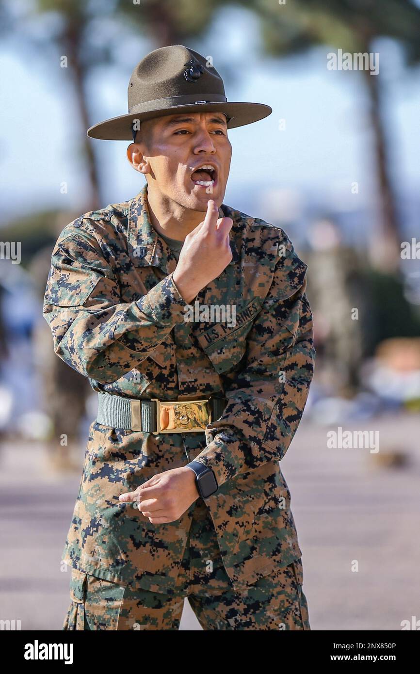 A ÉTATS-UNIS Un instructeur de forage de corps de marine avec Alpha Company, 1st Recruit ...