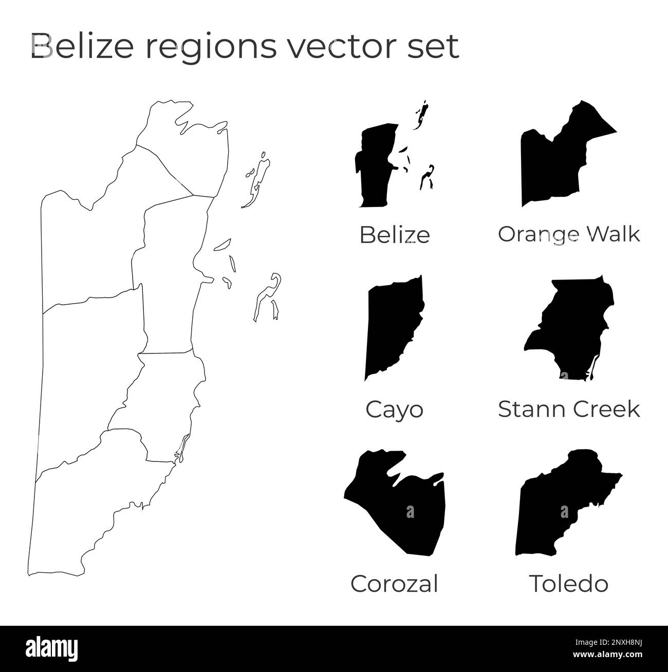 Belize carte avec des formes de régions. Carte vectorielle vierge du pays avec les régions ...