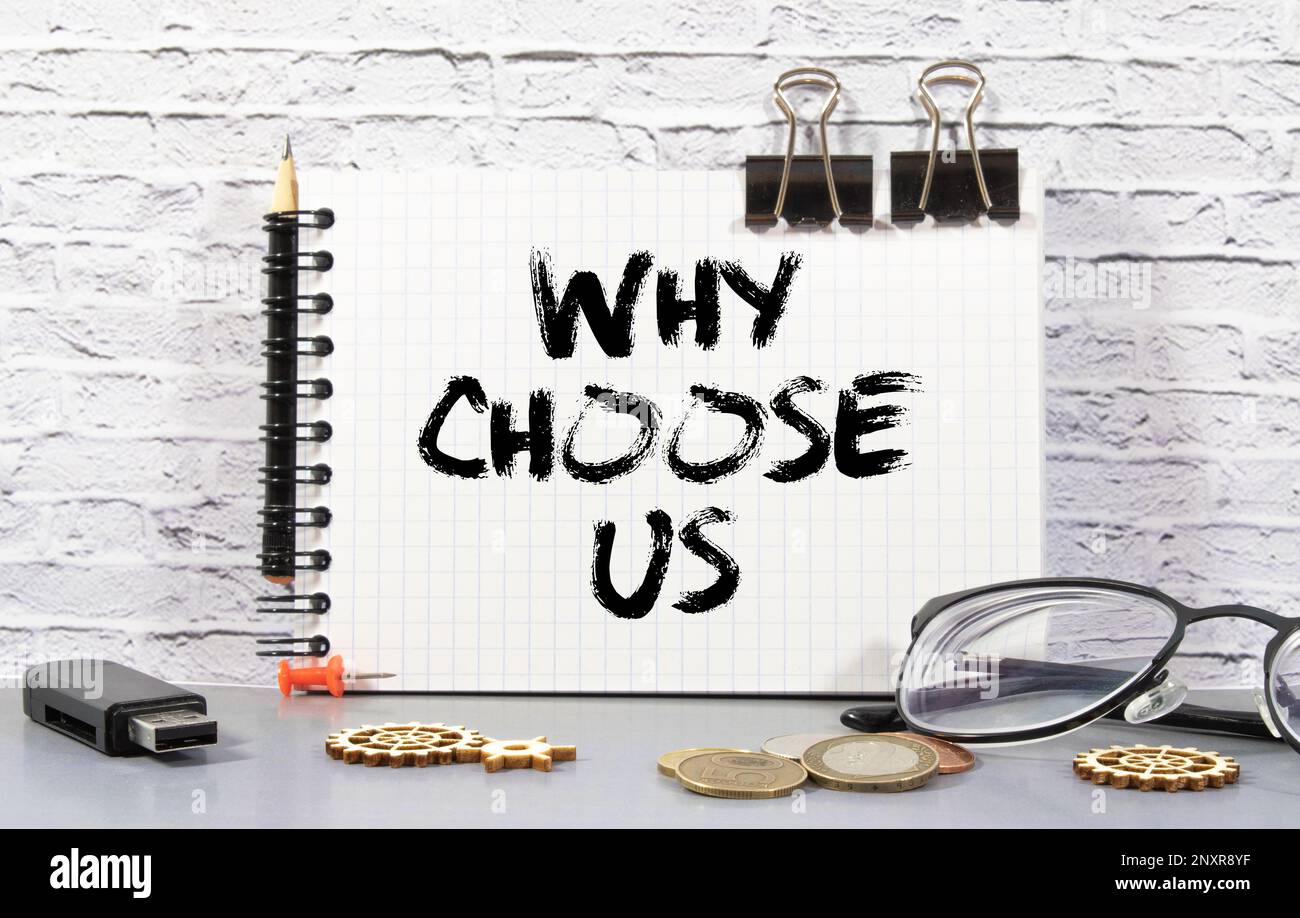 Texte écrit Pourquoi nous choisir question. Concept d'entreprise pour ...