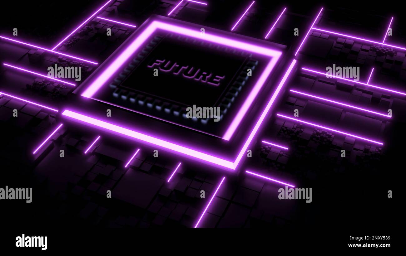 puce 3d avec filets au néon. Conception. La puce 3D gère les réseaux ...
