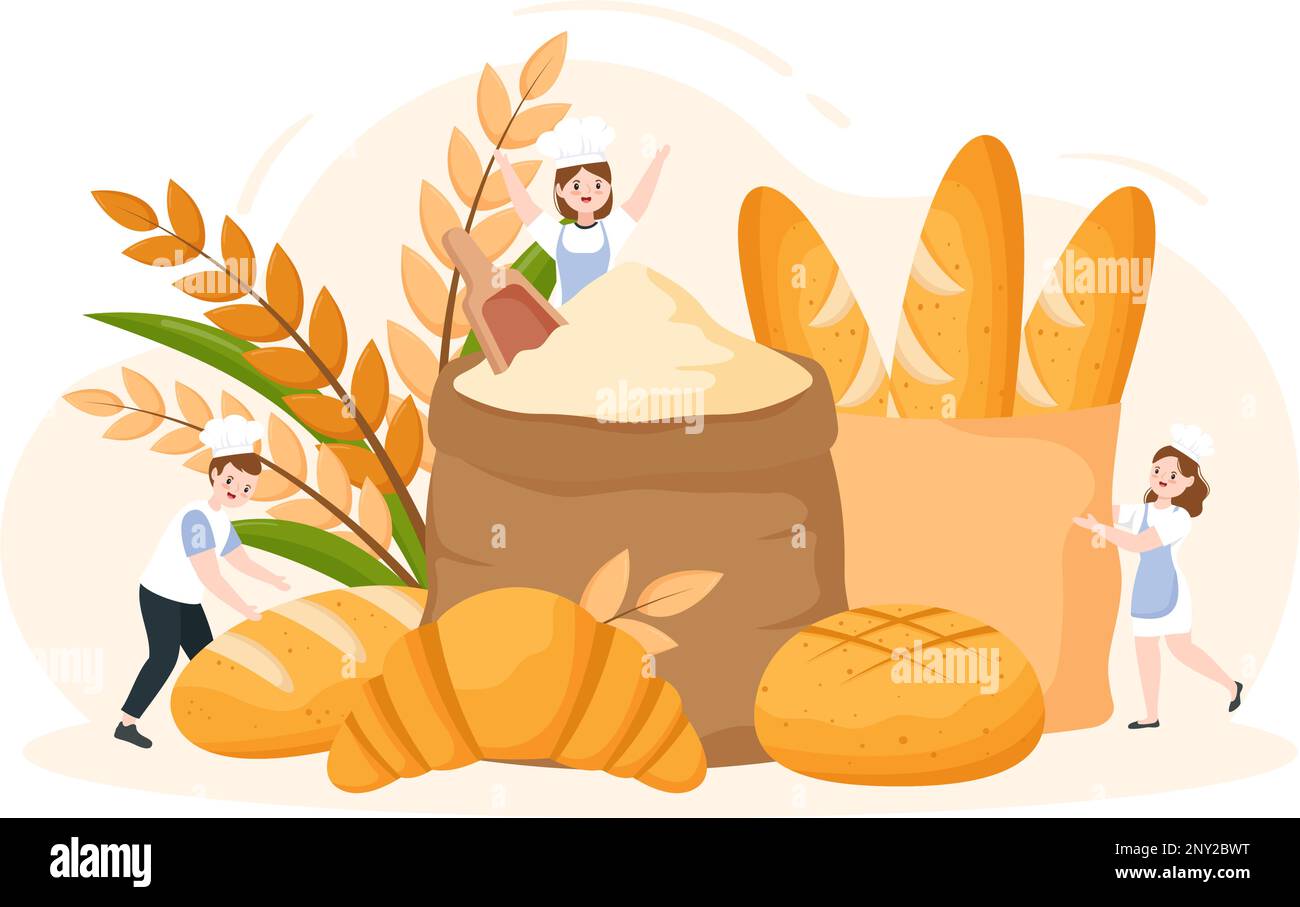 Illustration du moulin à pain avec des meules, des pains divers et un ...