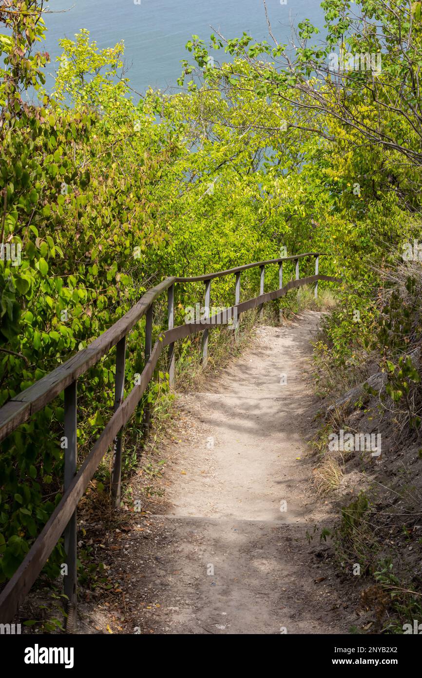 Long sentier équipé de marches en gravier et d'une main courante en ...