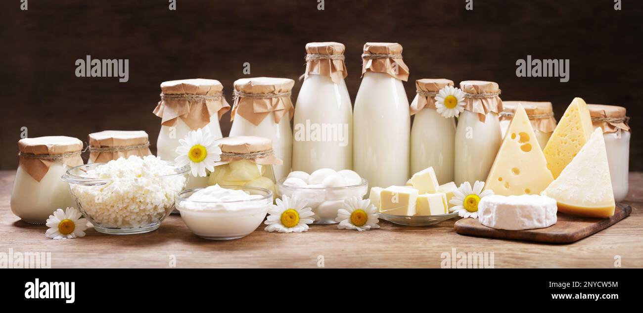 Produits laitiers. Bouteilles de lait, fromage, fromage cottage, yaourt ...