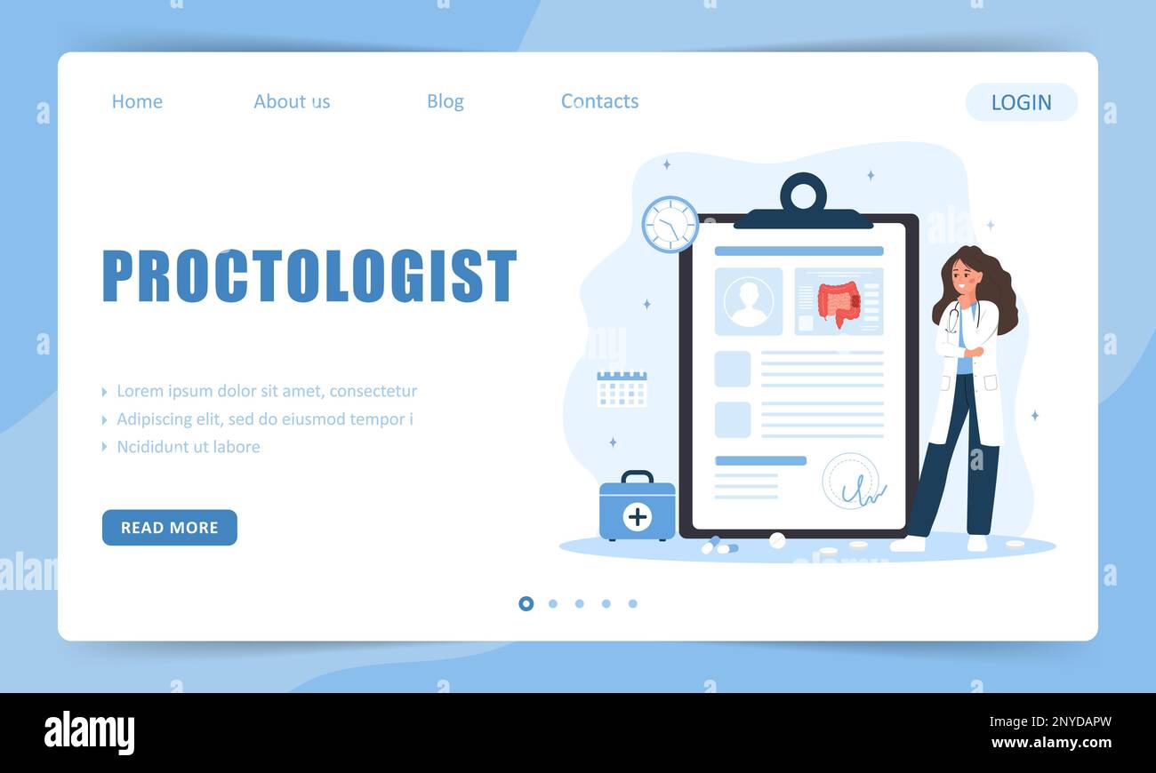 Concept de Proctologue. Modèle de page d'arrivée. Femme médecin faire ...
