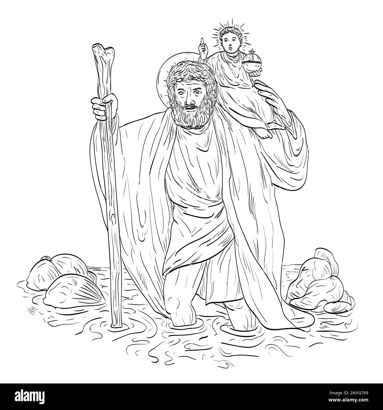 Dessin d'art de ligne illustration de Saint Christopher, Saint patron ...