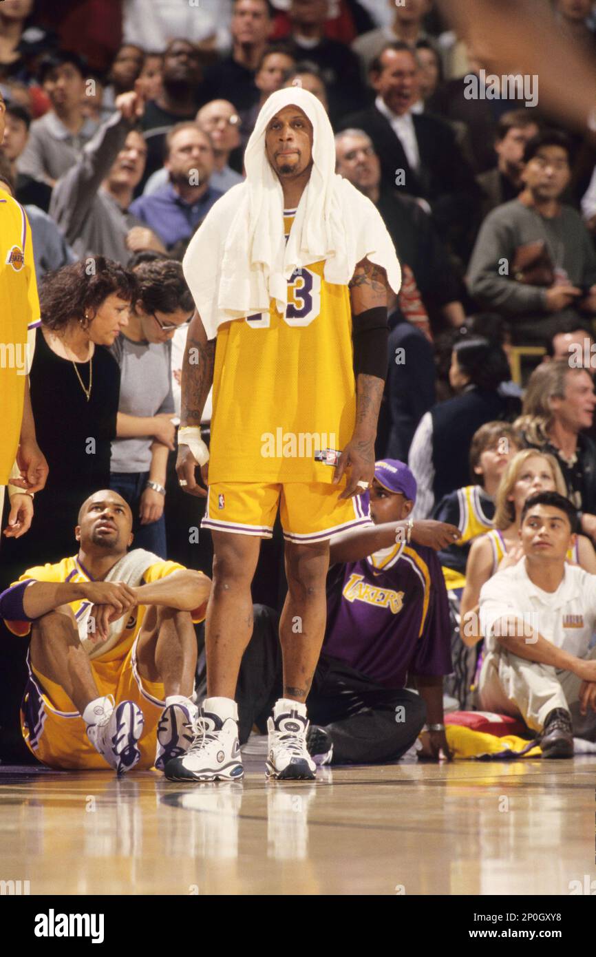 FILE: Dennis Rodman of the Los Angeles Lakers with a towel on his head ...