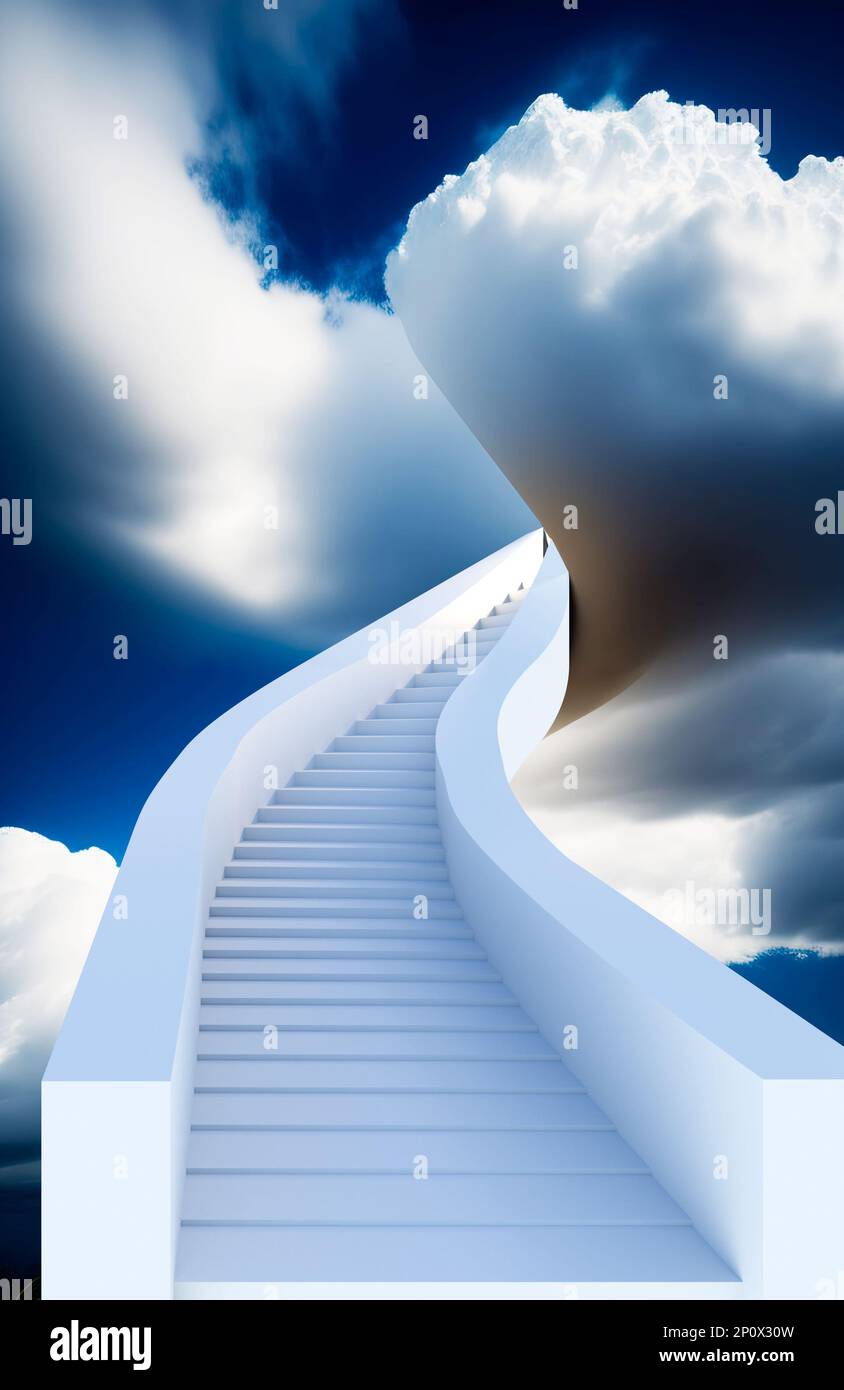 Une image surréaliste d'un escalier blanc qui mène du sol au ciel et ...