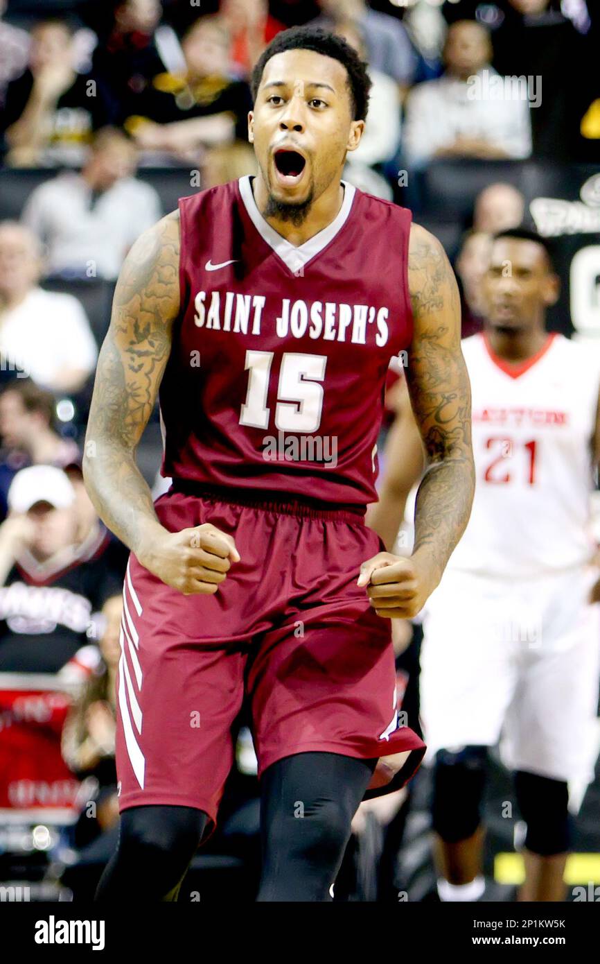 March 12, 2016: Saint Joseph's Hawks forward Isaiah Miles (15) reacts ...