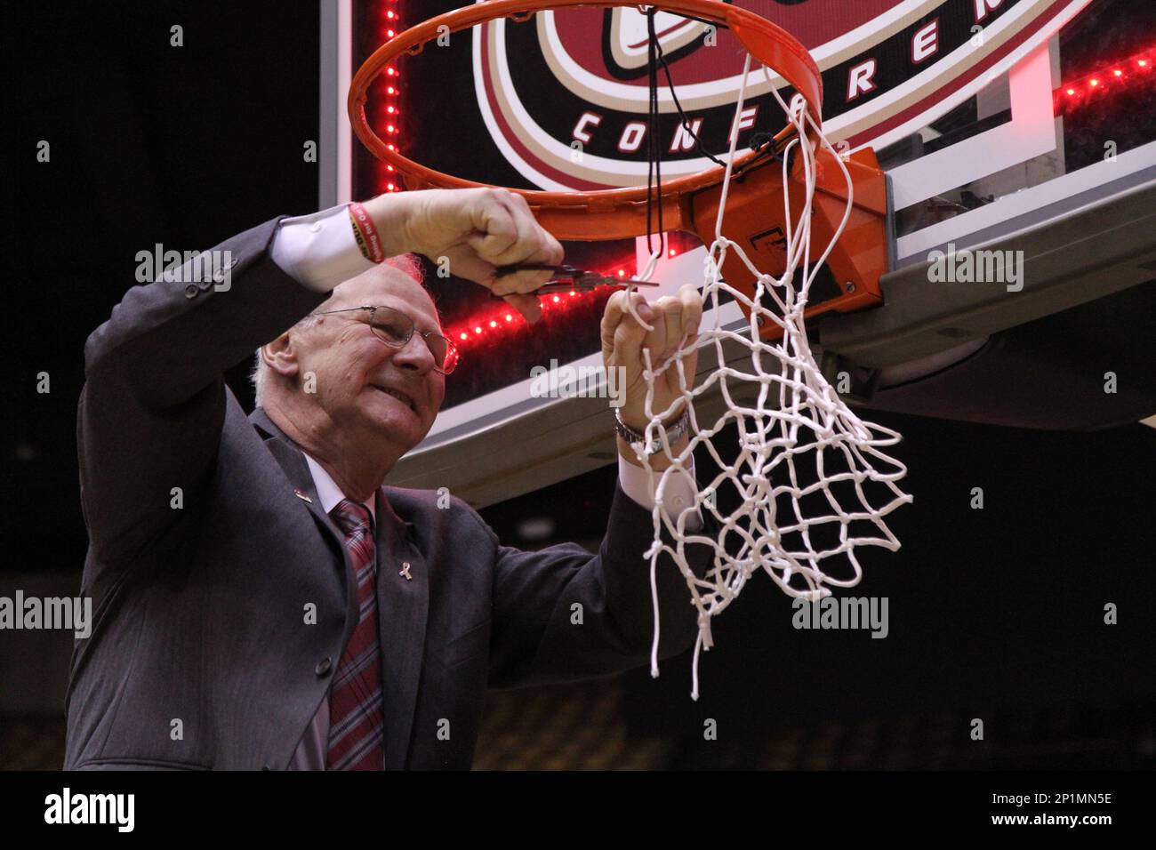 05 MAR 2016: Austin Peay head coach Dave Loos cutting down the net ...
